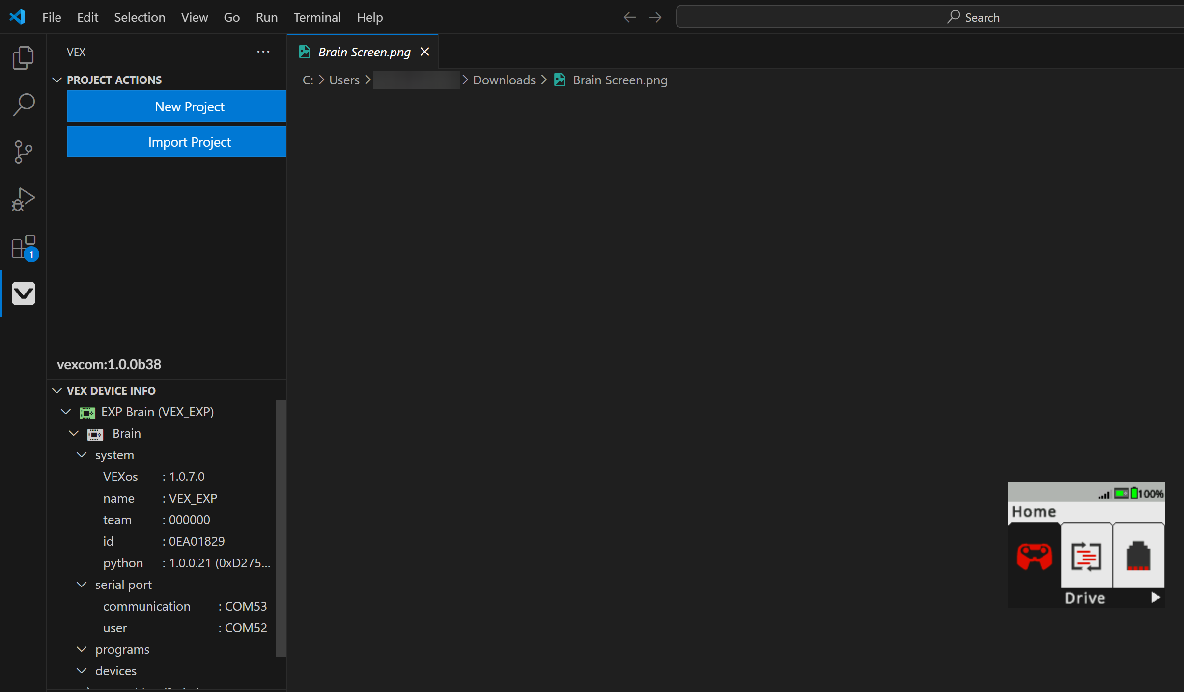 Создание скриншотов EXP Brain в VS Code – Библиотека VEX