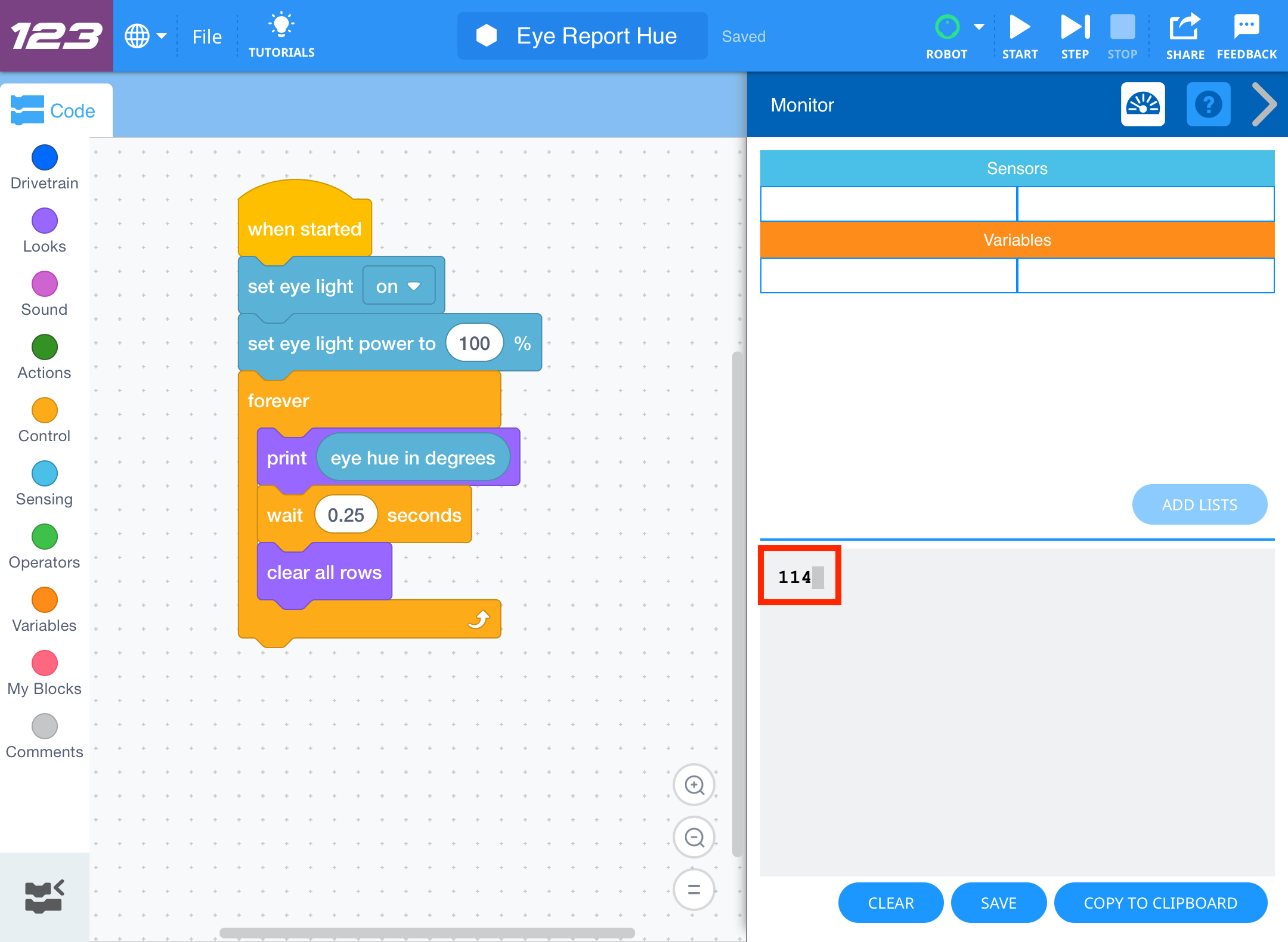 Coding the VEX 123 Eye Sensor with VEXcode 123 – Knowledge Base