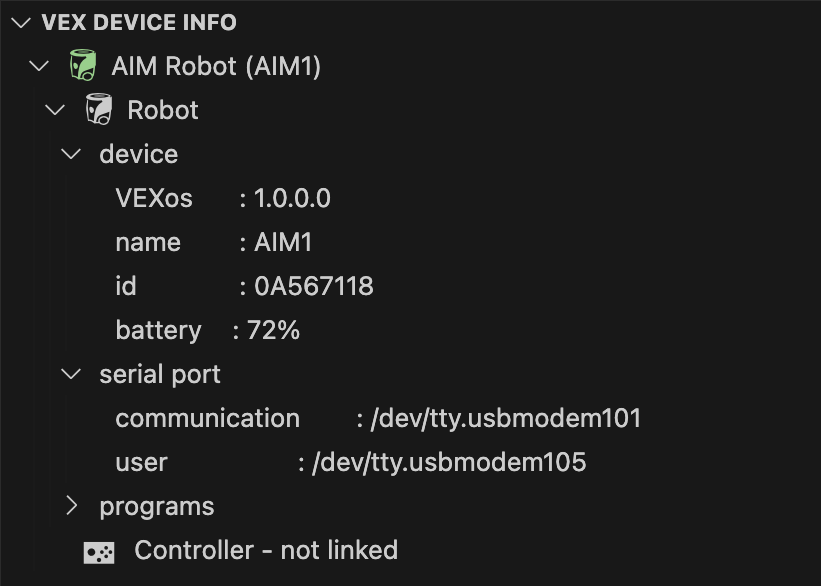 ทำความเข้าใจข้อมูลอุปกรณ์ VEX AIM ใน VS Code – ห้องสมุด VEX