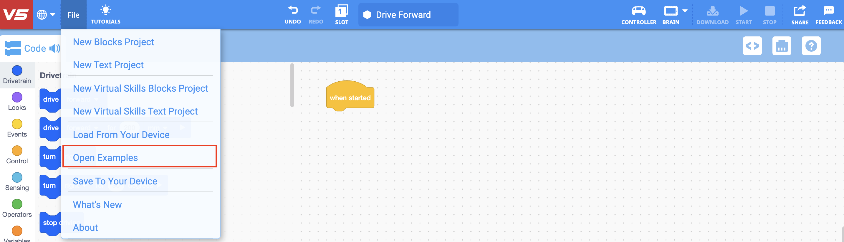 Loading And Saving VEXcode V5 Projects On A Chrome Browser VEX Library